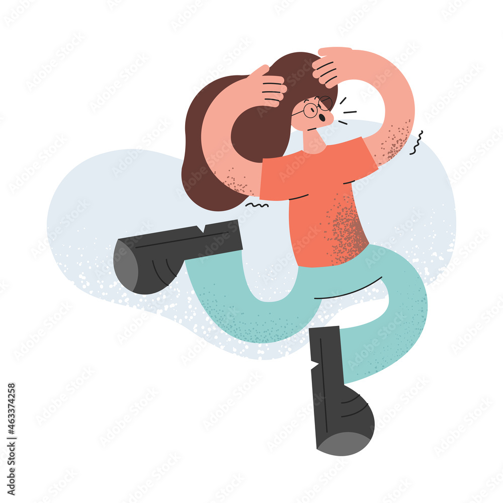 Young stressed woman vector cartoon character. Girl with hands raised ...