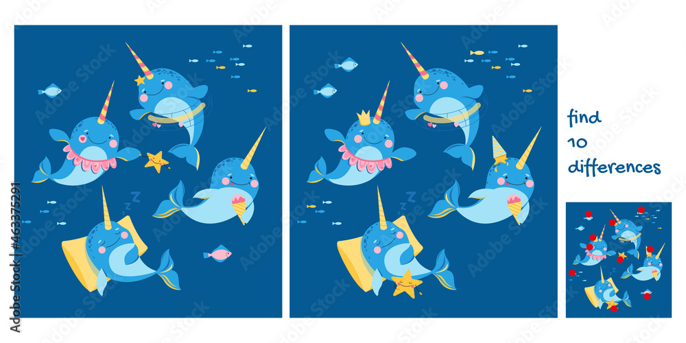 Find 10 differences. Narwhal or underwater unicorn characters with ...
