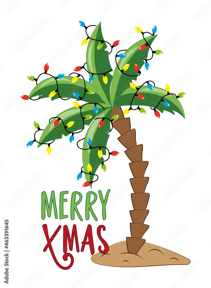 Merry Xmas - Palm tree decorated with Christmas lights garland ...