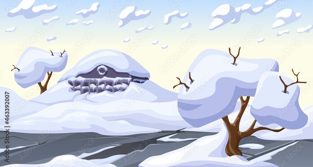 Ice age. Cartoon game landscape with mountains of snow and city. Frozen ...