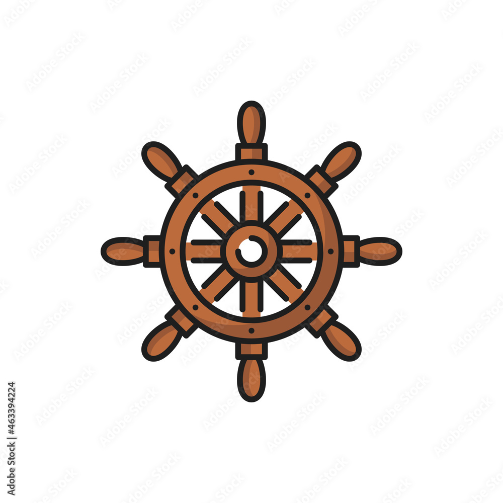 Ship wheel, seafarer handwheel or ship-wheel with handles isolated flat ...