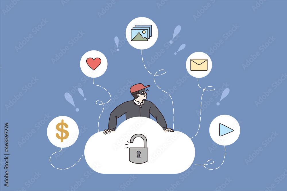 Hacker get information data from storage online cloud. Thief hacks ...