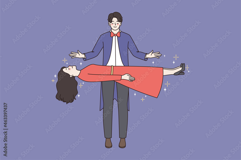 Magician work in circus make woman assistant float in air. Witcher ...