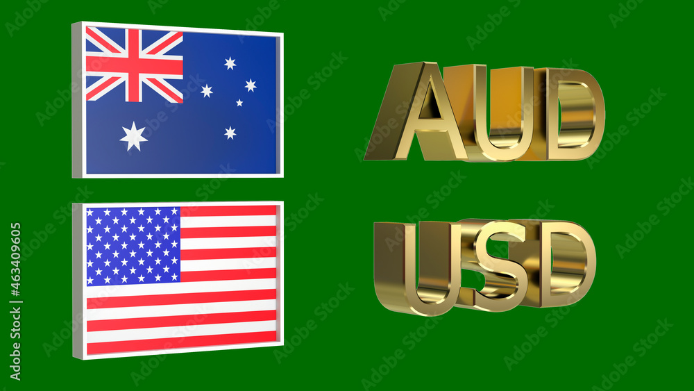Gold plated AUD and USD symbols along with the flags of Australia and ...