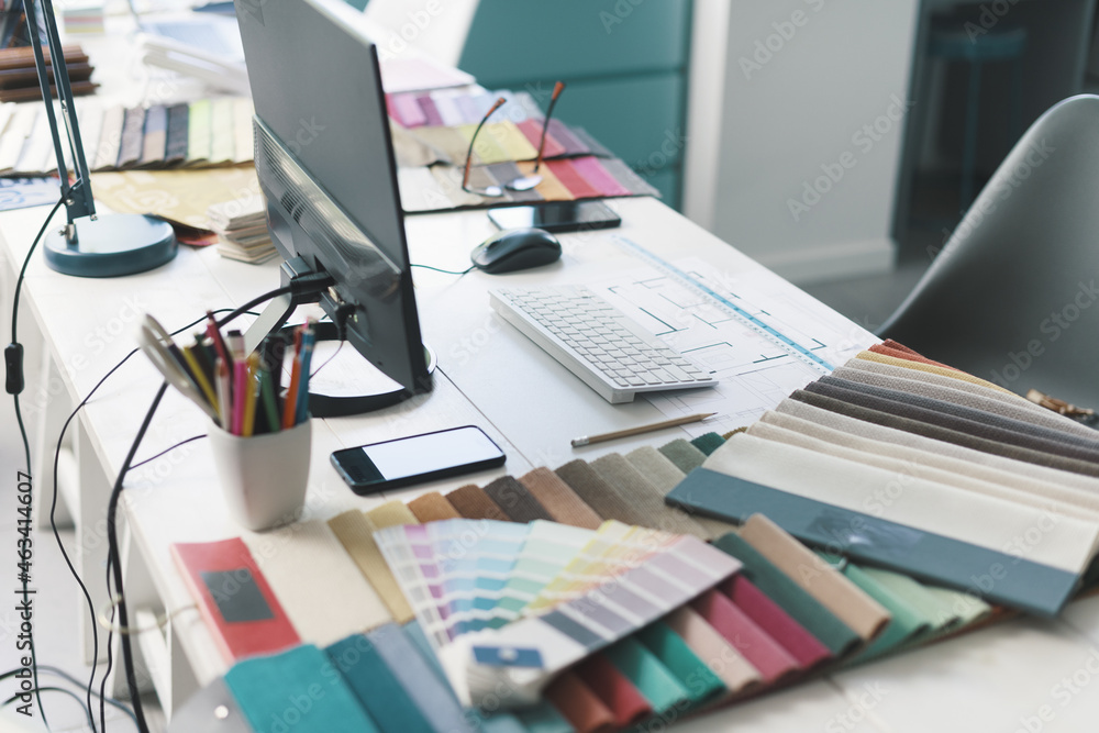 Interior designer work desktop with fabric swatches Stock Photo | Adobe ...