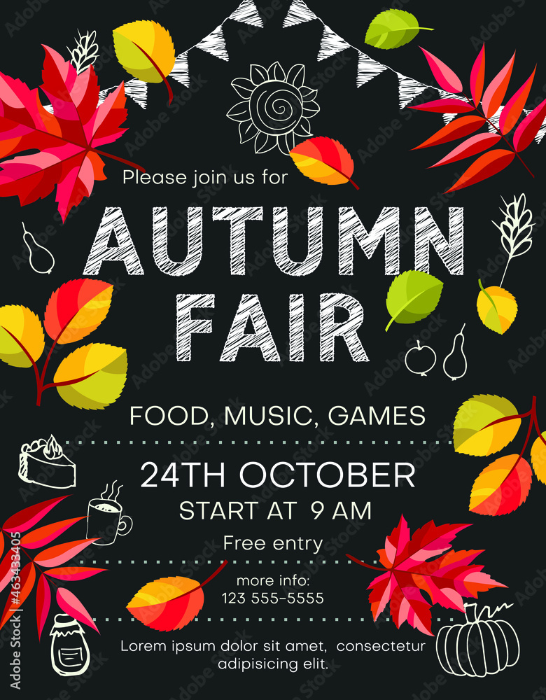 Vetor de Autumn fair announcing poster template with food icons and ...