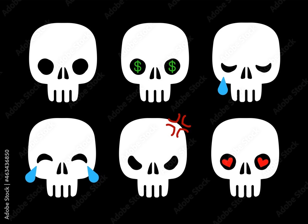 Vector Emoji white Skull set with Different Reactions Isolated on black ...