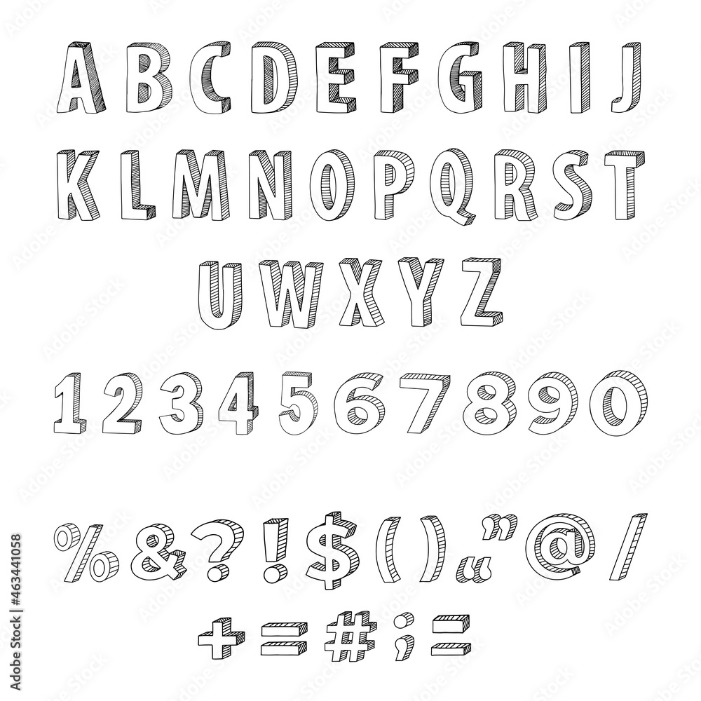 Set of hatched alphabet, numbers and punctuation marks. Graphic letters ...
