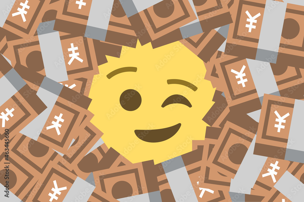 winking face emoji amid heap of yen banknotes,rich,wealth,luxury ...