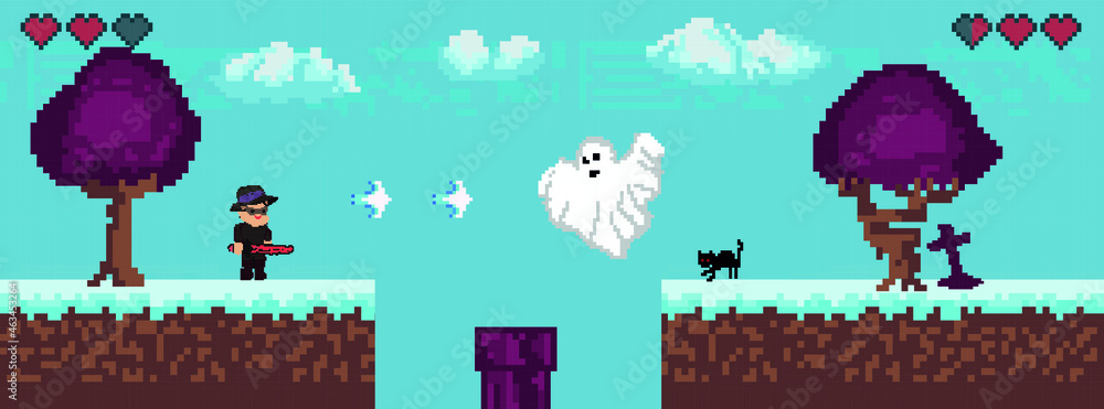 Halloween pixel game. Retro art games. 8-16 bit pixel platformer game ...