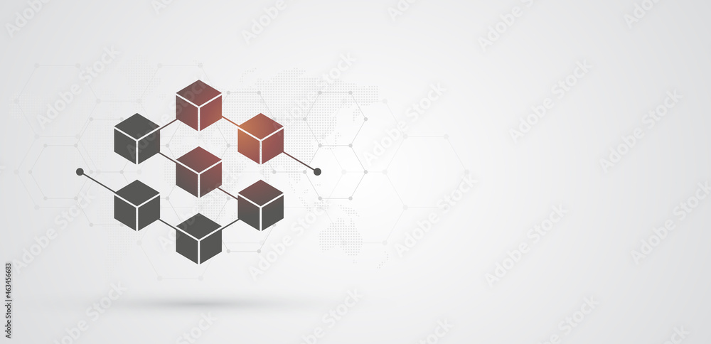 Blockchain technology icon with hexagon pattern and world map on black ...