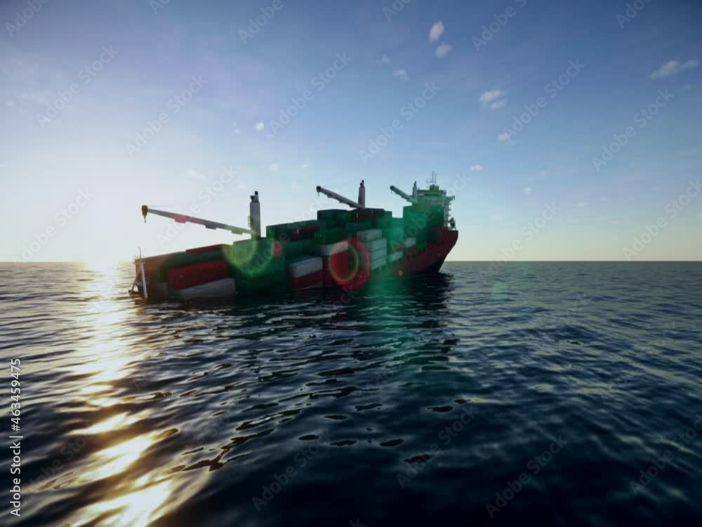 Half-sunken cargo ship after a hurricane. Accident in the ocean lead to ...