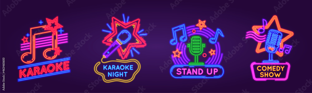 Neon signs for karaoke club and stand up comedy show. Music and song ...