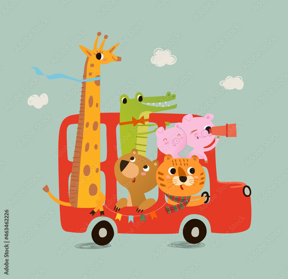 Cute london bus with animals in pastel colors. Lion cub, pigs ...
