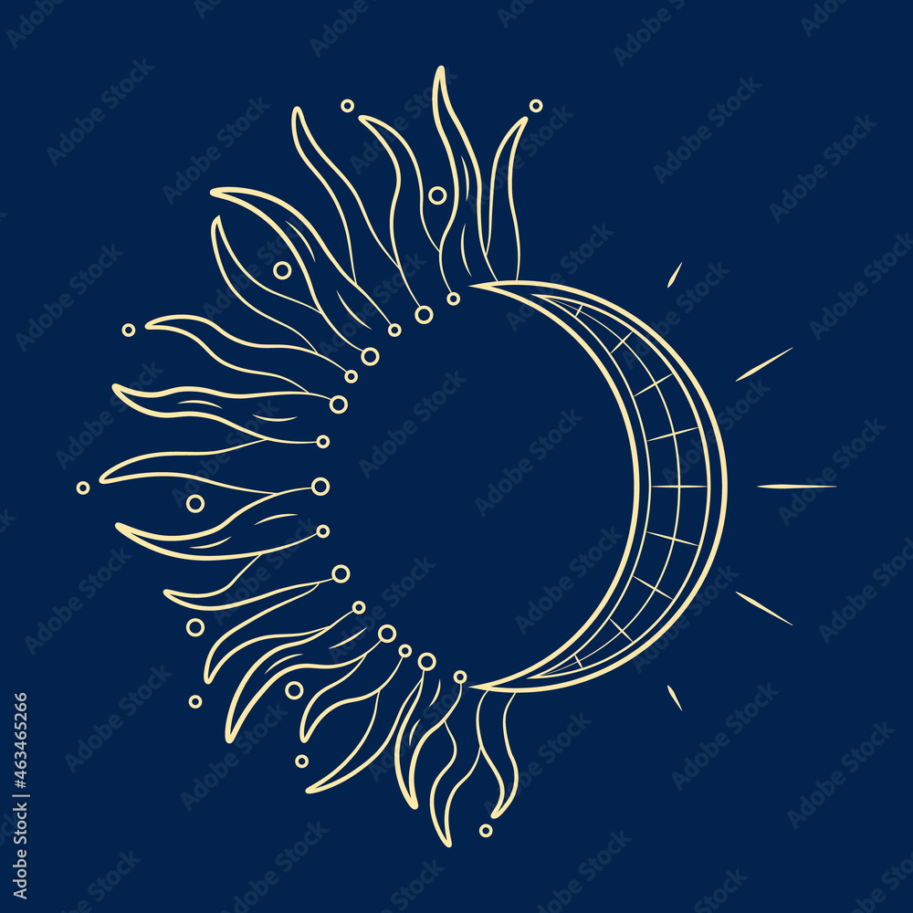 Moon and Sun together in one position gold outline style vector ...