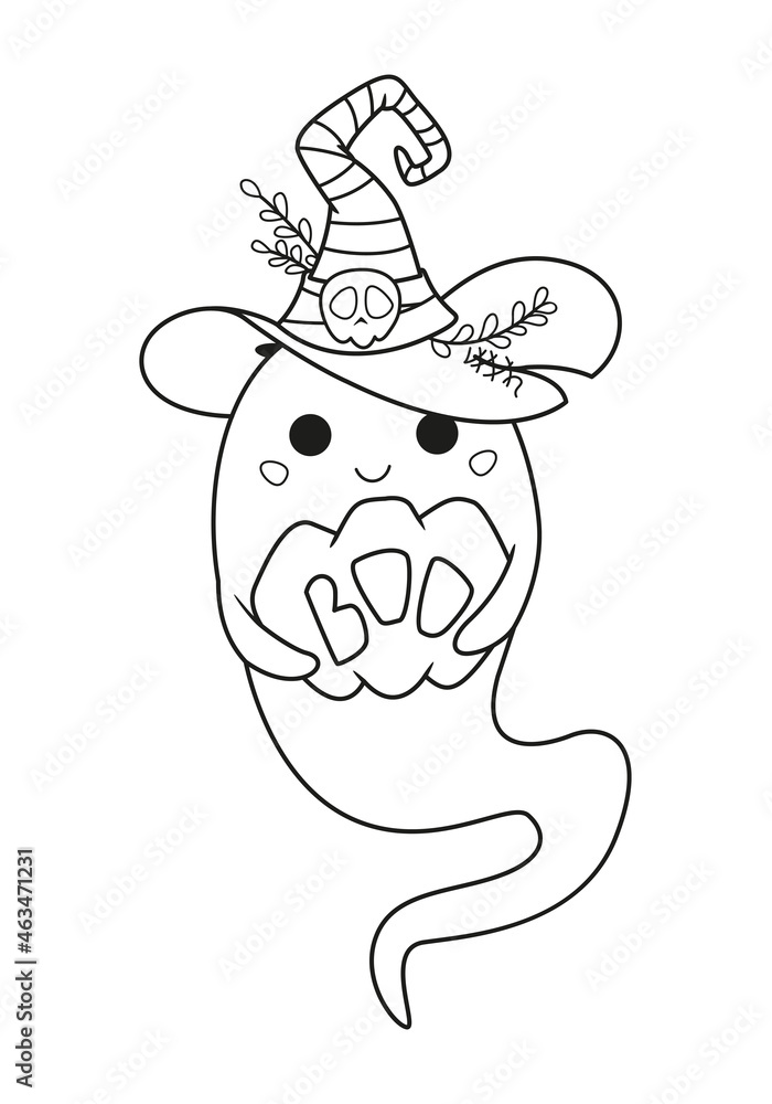 Halloween ghost holding pumpkin in witch hat coloring page. Outline ...