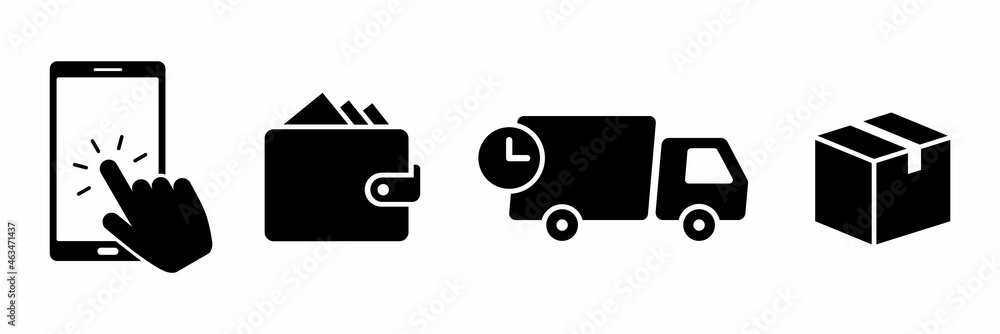 Click and collect order, vector icons set, online order, delivery truck ...