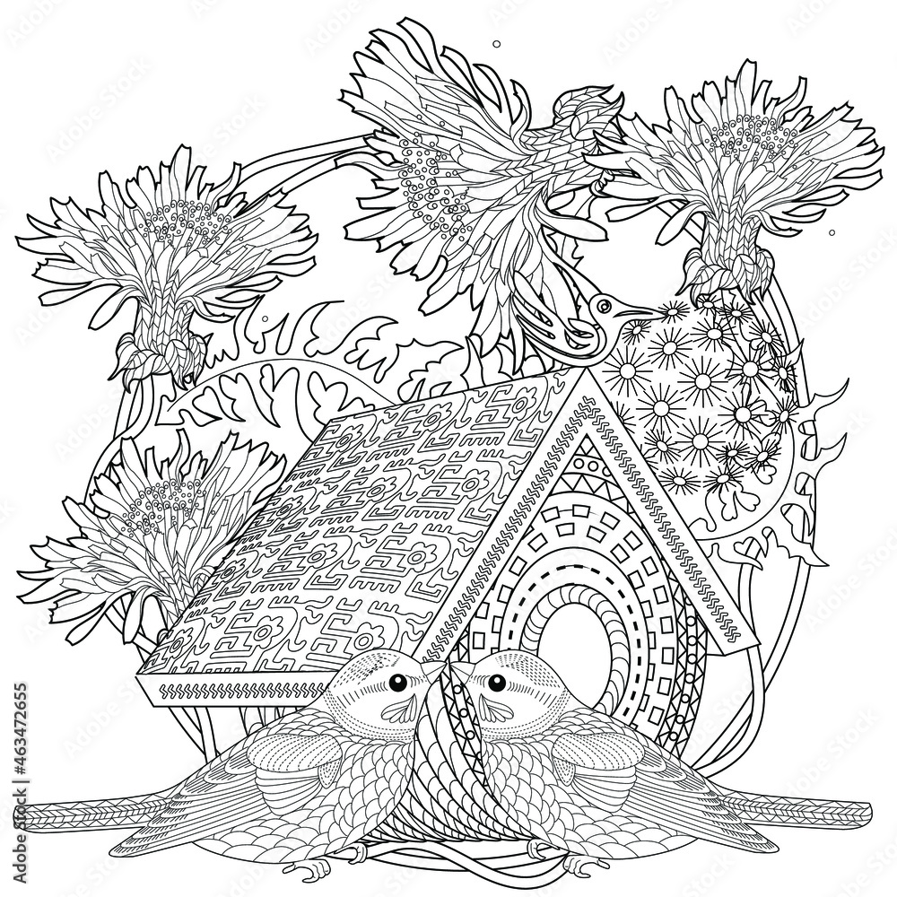 Art therapy coloring page. Colouring pictures with cute bird house ...