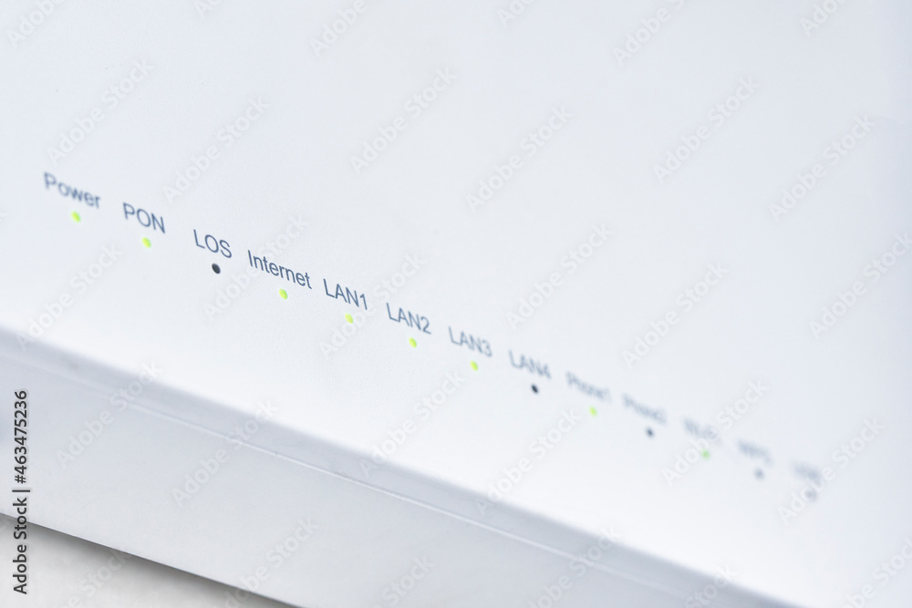 Close-up view of Internet wi-fi router device. Icons on the Wi-Fi ...