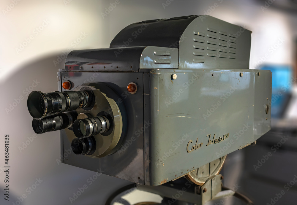 tokyo, japan - july 18 2021: Close up on an old multi lenses television ...