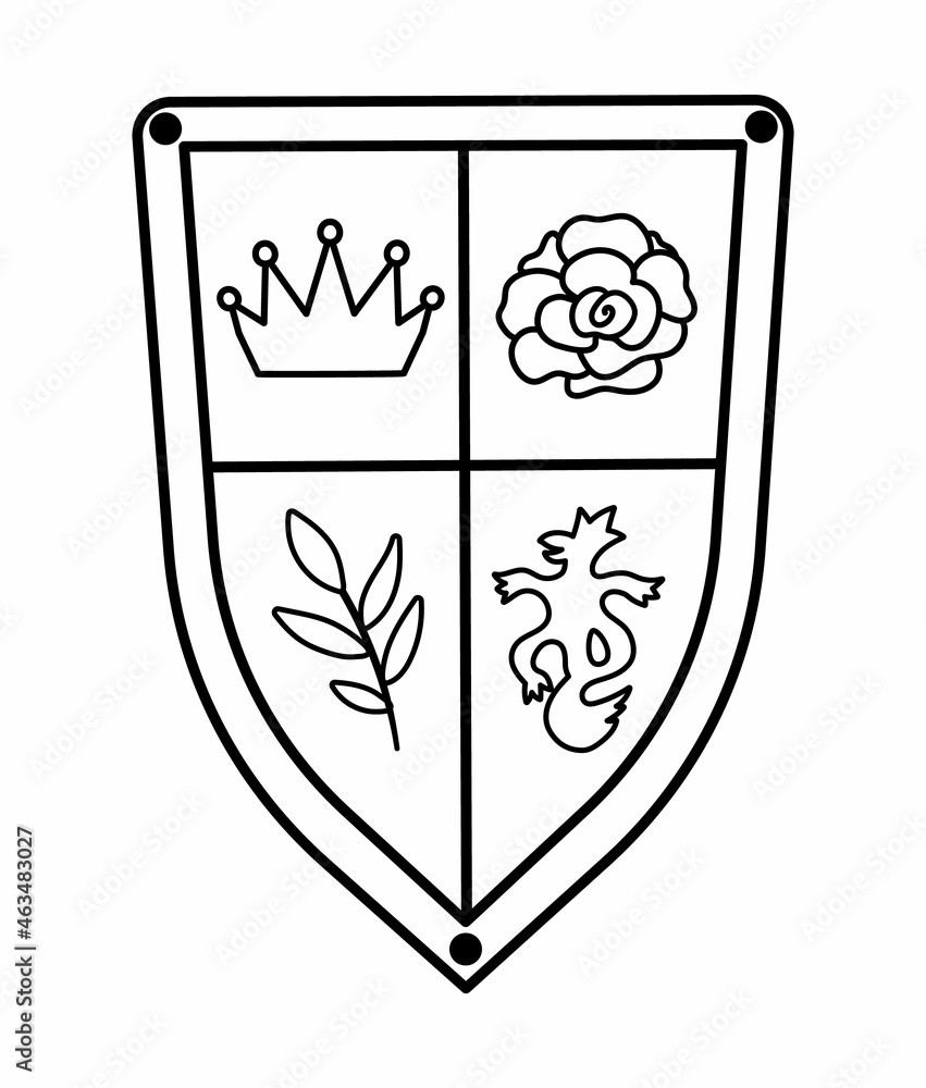 Vector black and white shield icon. Fairy tale knight line armor with ...