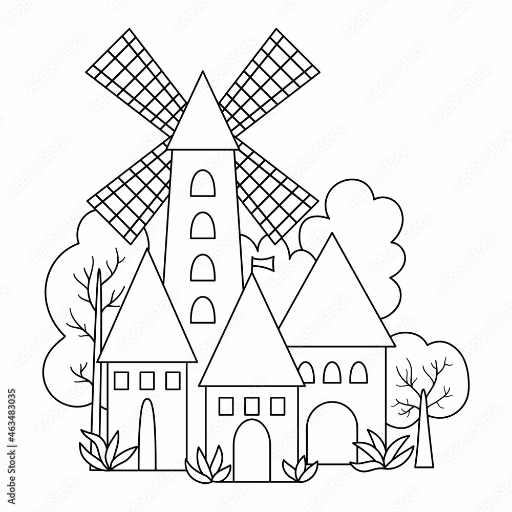 Vector coloring page Medieval village icon with windmill. Magic kingdom ...