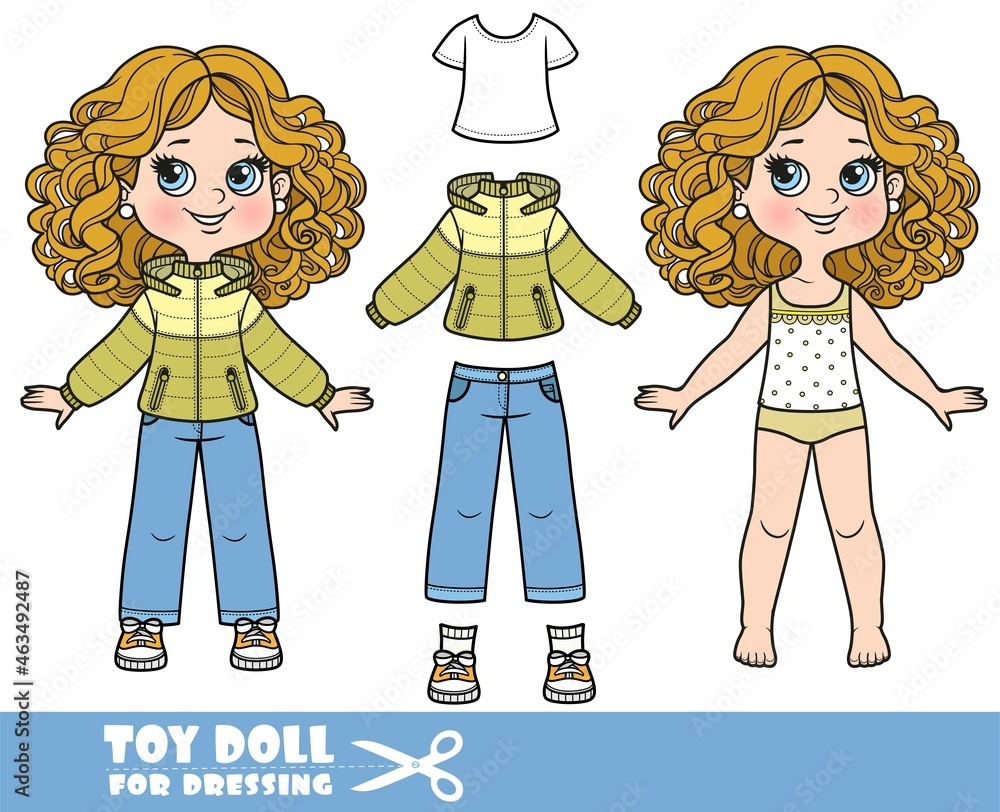 Cartoon girl with curle haired in underwear, dressed and clothes ...