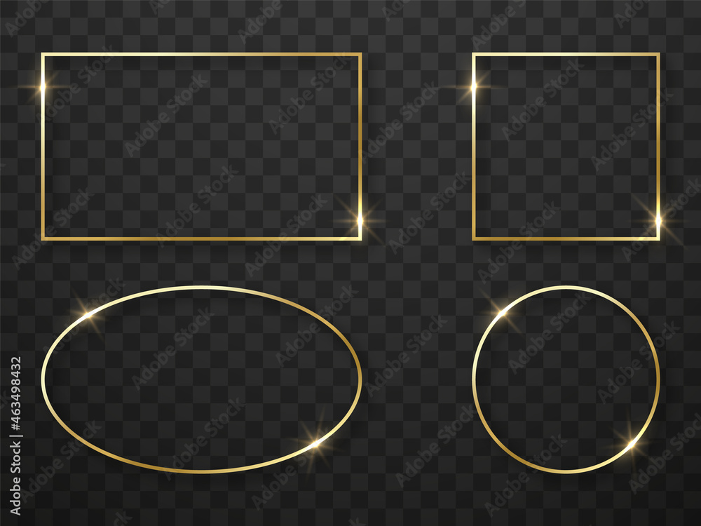 Set of Golden Light Frame with Shiny Effect on Black Transparent ...