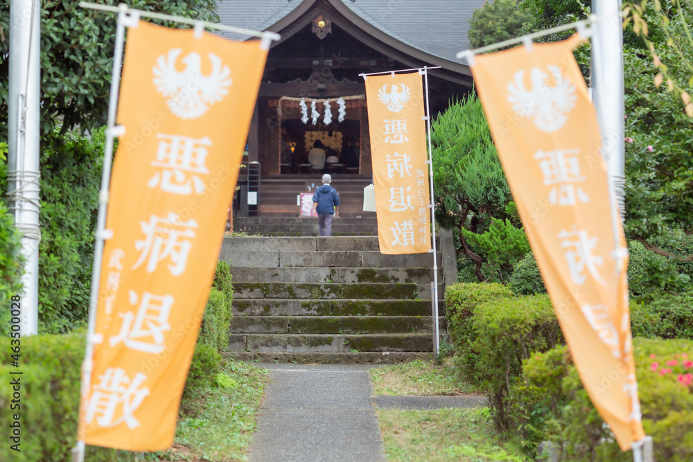 main shrine and yellow banners lining up along the path of shinto jinja ...