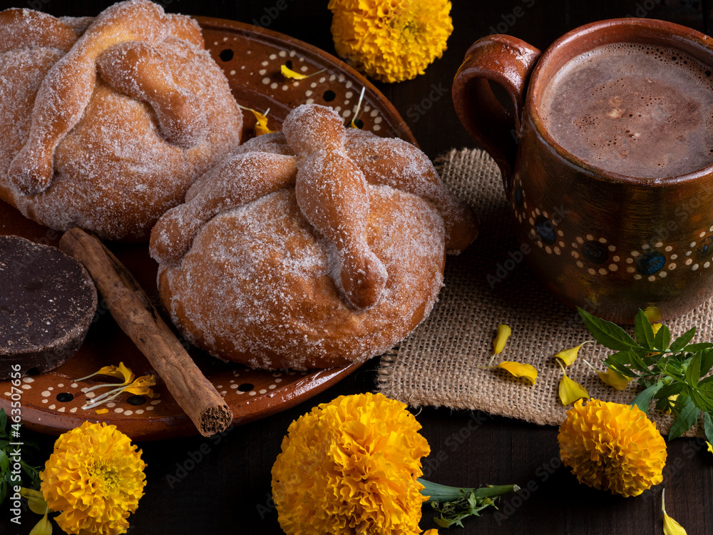 Pan de muerto con chocolate tradiciones de Mexico. Stock Photo | Adobe ...