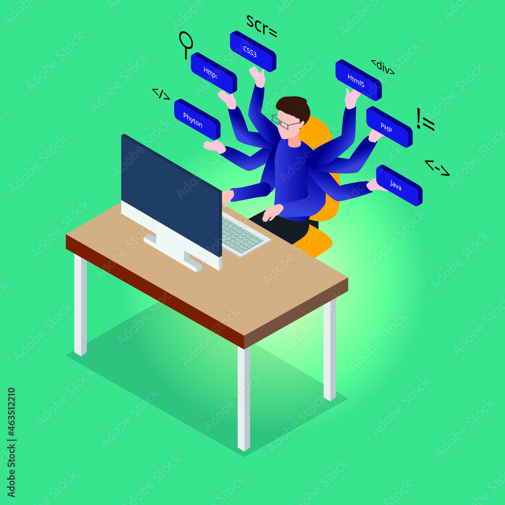 Multitasking vector concept. Male programmer doing multitask with many ...