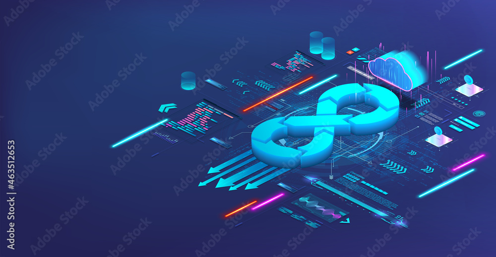 Web banner DevOps processing concept. Software development operations infinity sign. Web ...