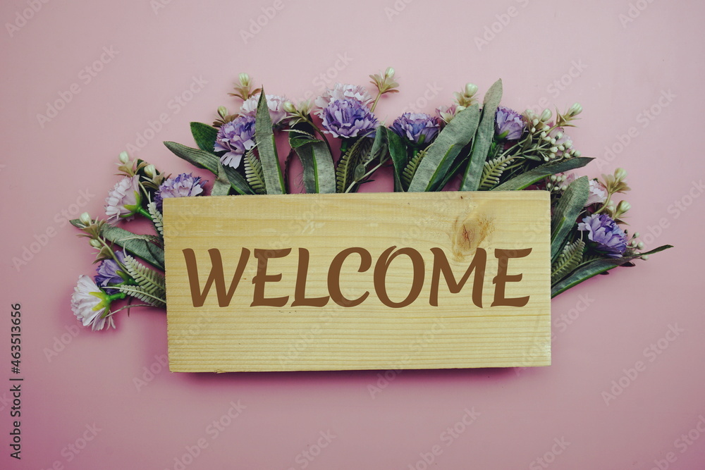 Welcome Sign with flowers frame decprate on pink background Stock Photo ...