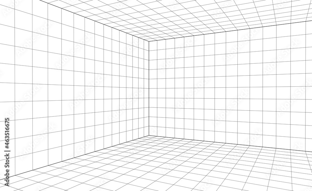 perspective grid for interior room design, corner view, 3d black and ...