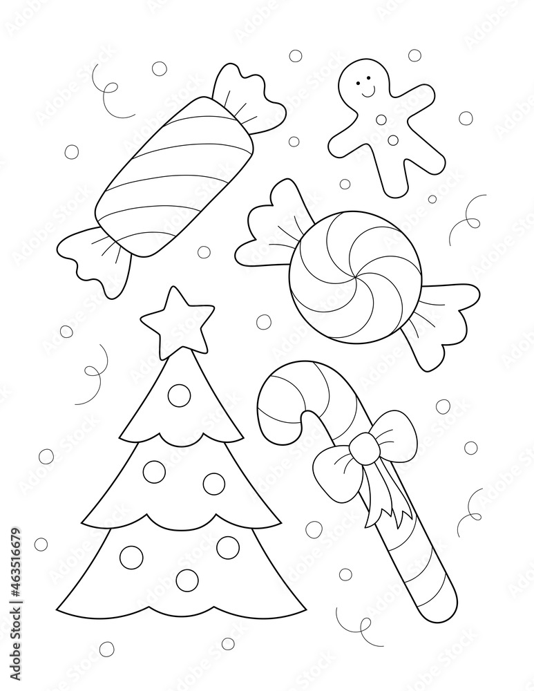 easy coloring page for kids with christmas sweets, a candy cane, a ...