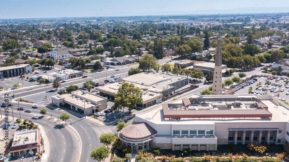 Daytime aerial view of the urban core of downtown Turlock, California ...