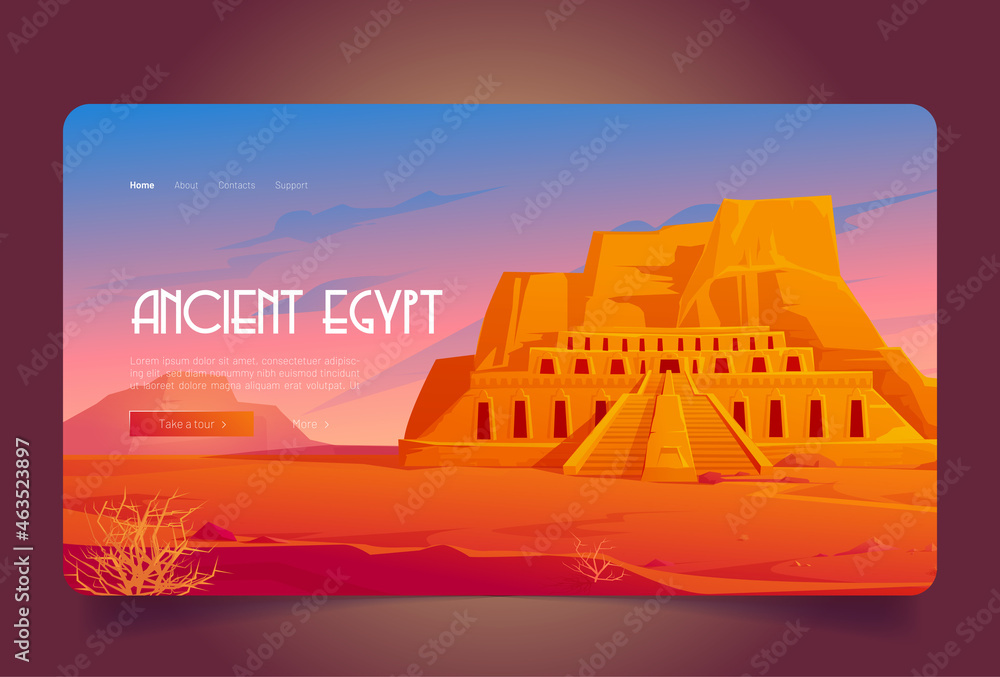 Ancient Egypt cartoon landing page, mortuary temple of queen Hatshepsut ...