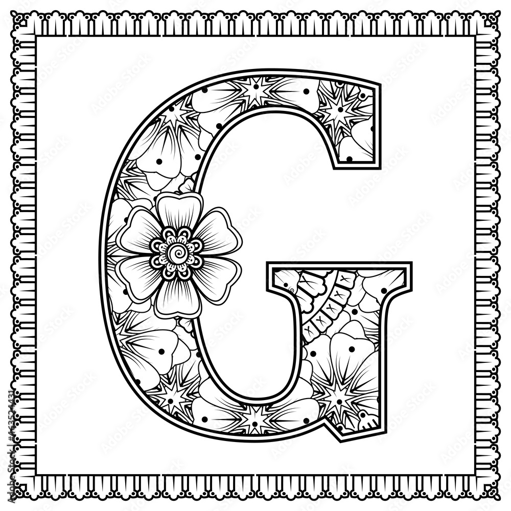 Letter G made of flowers in mehndi style. coloring book page. outline ...