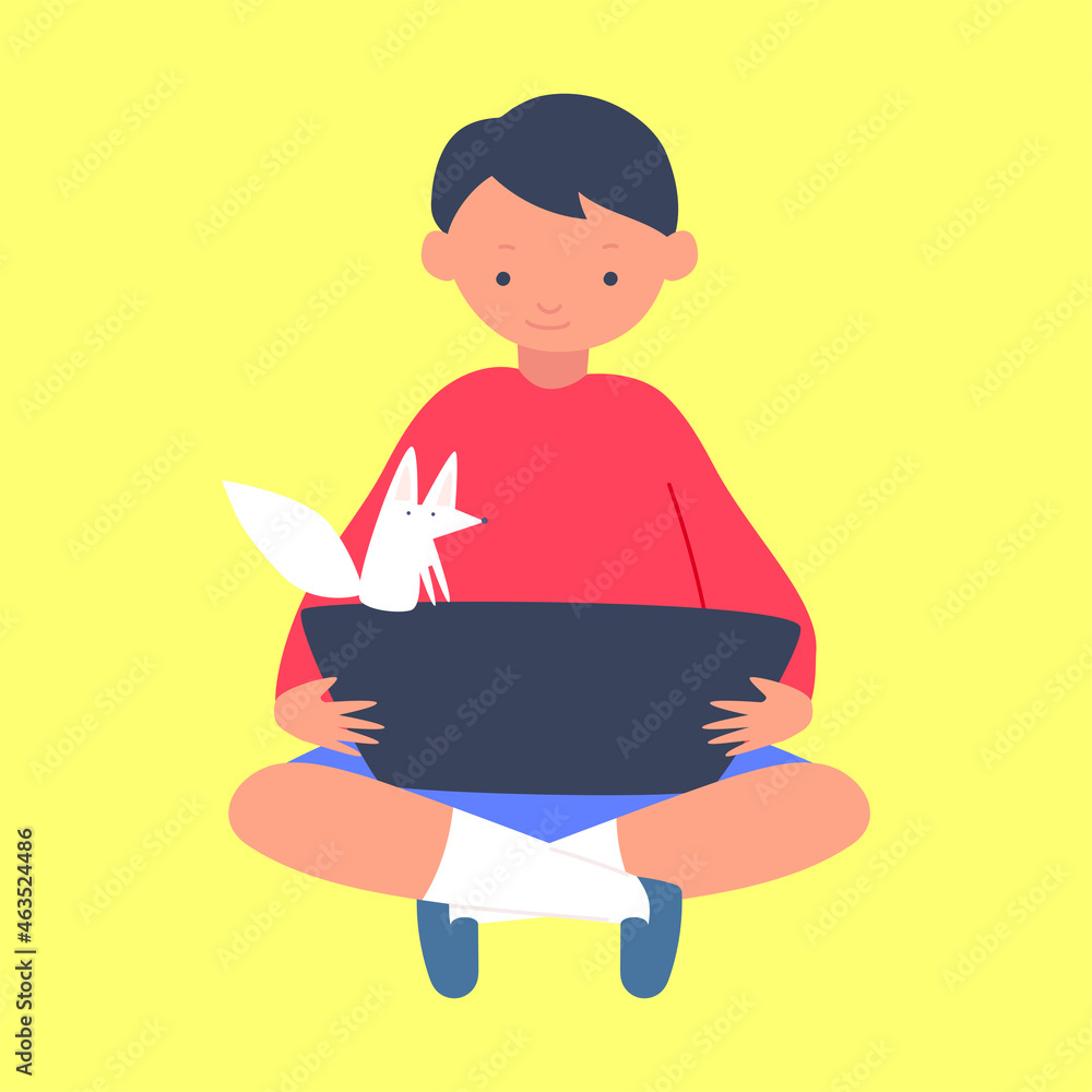 vector boy character playing laptop Stock Vector | Adobe Stock