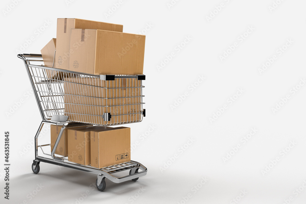 Packaging cardboard boxes paper with shopping carts. Delivery, cargo ...