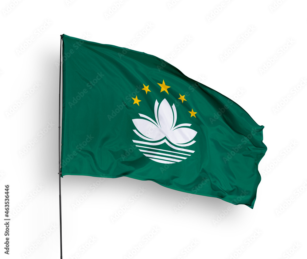 Macau flag isolated on white background. close up waving flag of Macau ...