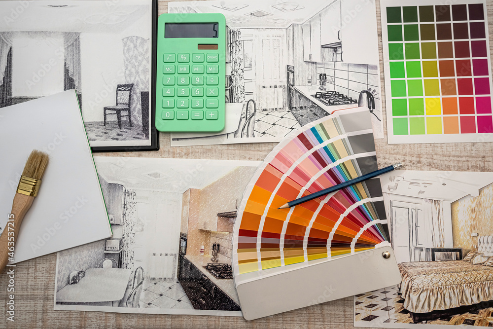 architectural plan with color sample palette, designer working Stock ...