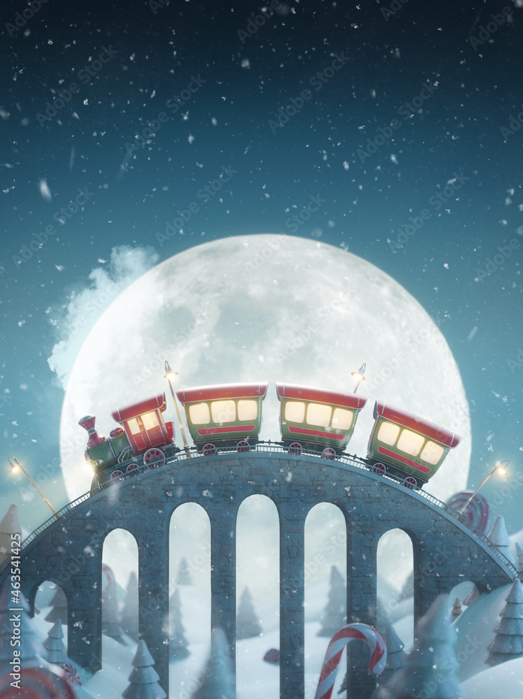 Cute funny fairy Santa's Christmas train goes by a brige in north pole ...