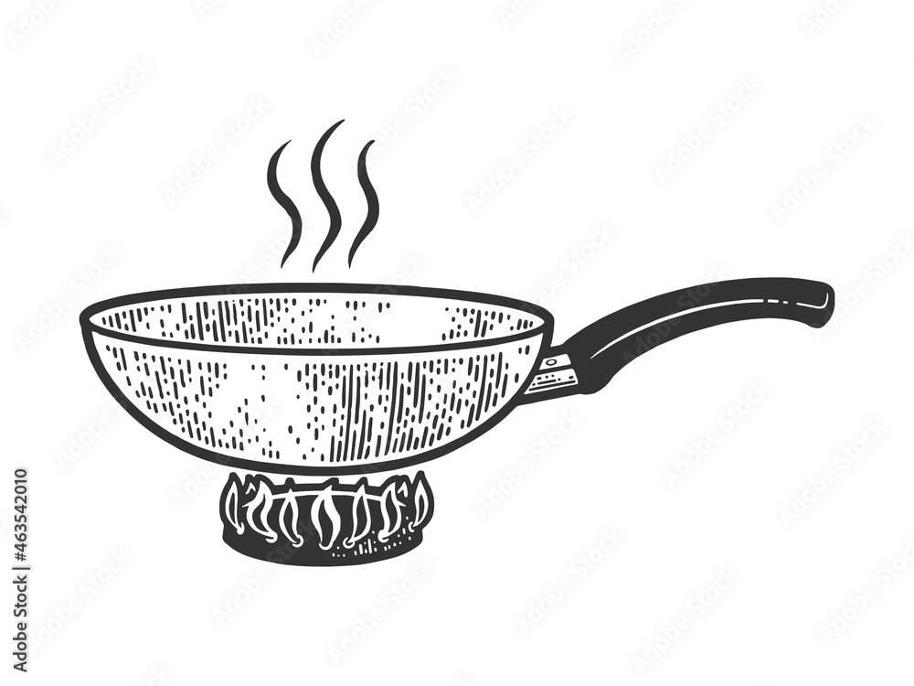 frying pan on fire sketch engraving vector illustration. T-shirt ...