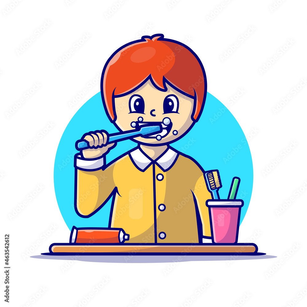 Cute Boy Brushing Teeth Cartoon Vector Icon Illustration. People ...