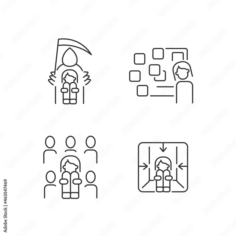 Fears and phobias linear icons set. Fear of crowd and death ...