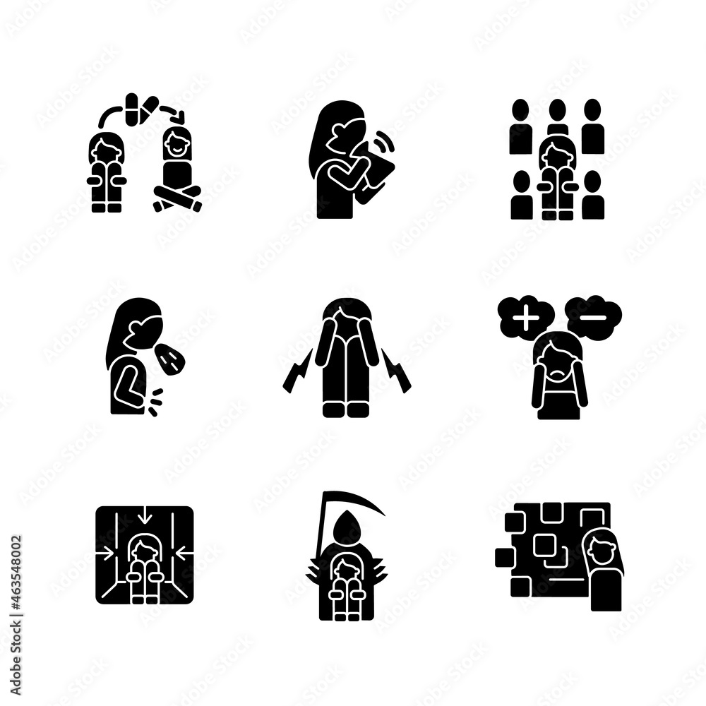 Vetor de Phobias and its symptoms black glyph icons set on white space ...