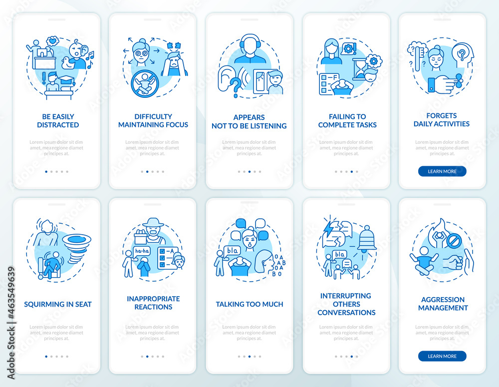 ADHD diagnosis onboarding mobile app page screen set. Compulsive ...
