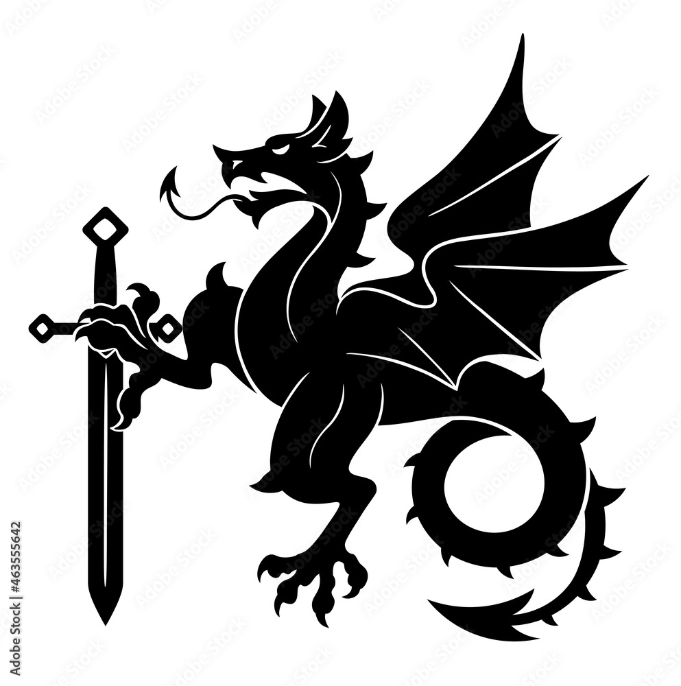Black heraldic wyvern with sword on the white background. Can be used ...