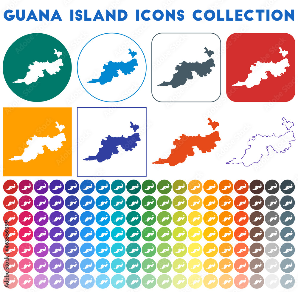 Vecteur Stock Guana Island icons collection. Bright colourful trendy ... Vecteur Stock Guana Island icons collection. Bright colourful trendy ...